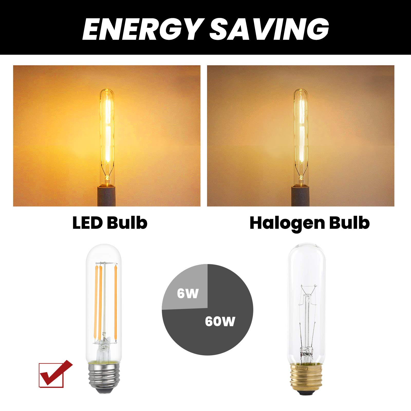 Luxvista 6W Dimmable T10 Tubular LED Light Bulb Soft White 2700K E26 Medium Base Filament Bulb 5 Inch Long Tubular Vitage Clear Edison Bulb 120V 60 Watt Incandescent Bulb Equivalent (4-Pack)