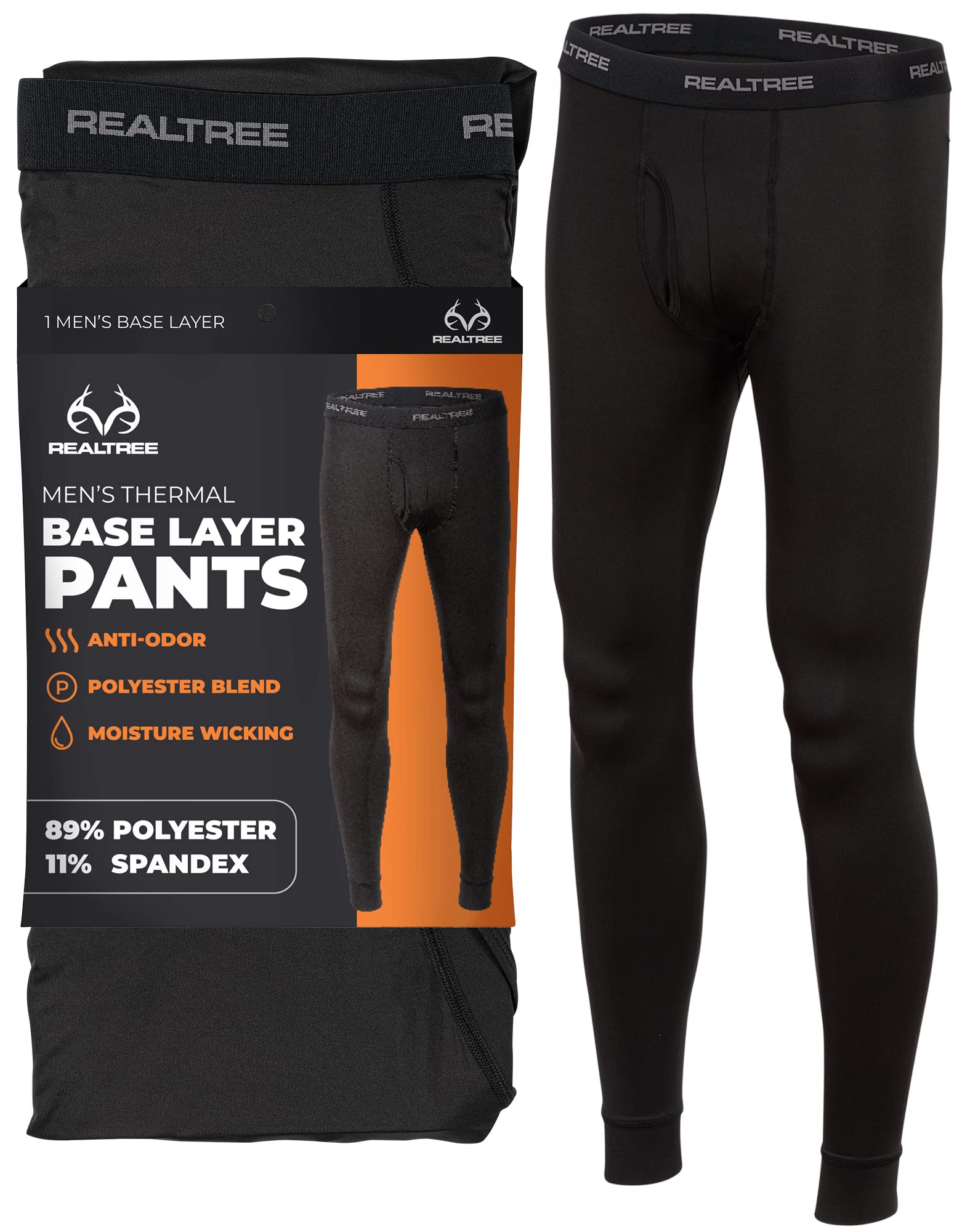 Realtree Mens Thermal Underwear for Men Long Johns Bottom Tights Hunting Gear-Warm Base Layer Leggings Under Pants for Winter (US, Alpha, Medium, Regular, Regular, Black)