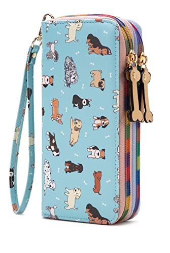 Nawoshow Women's Wallet Cute Cat Wallet Bifold Long Purse with Zipper,alaways happy (Cute Dog(Blue))