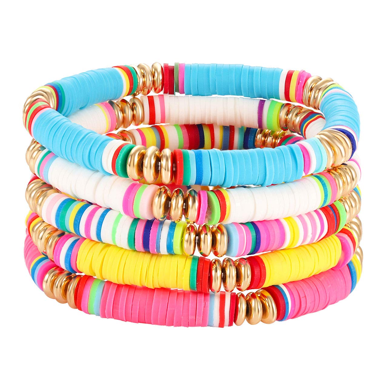 NVENF Heishi Bracelets Rainbow Vinyl Disc Bead Stretch Bracelets for Women Bohemia Stackable Surfer Bracelets for Girls Summer Beach Vacation Accessory (Style A)