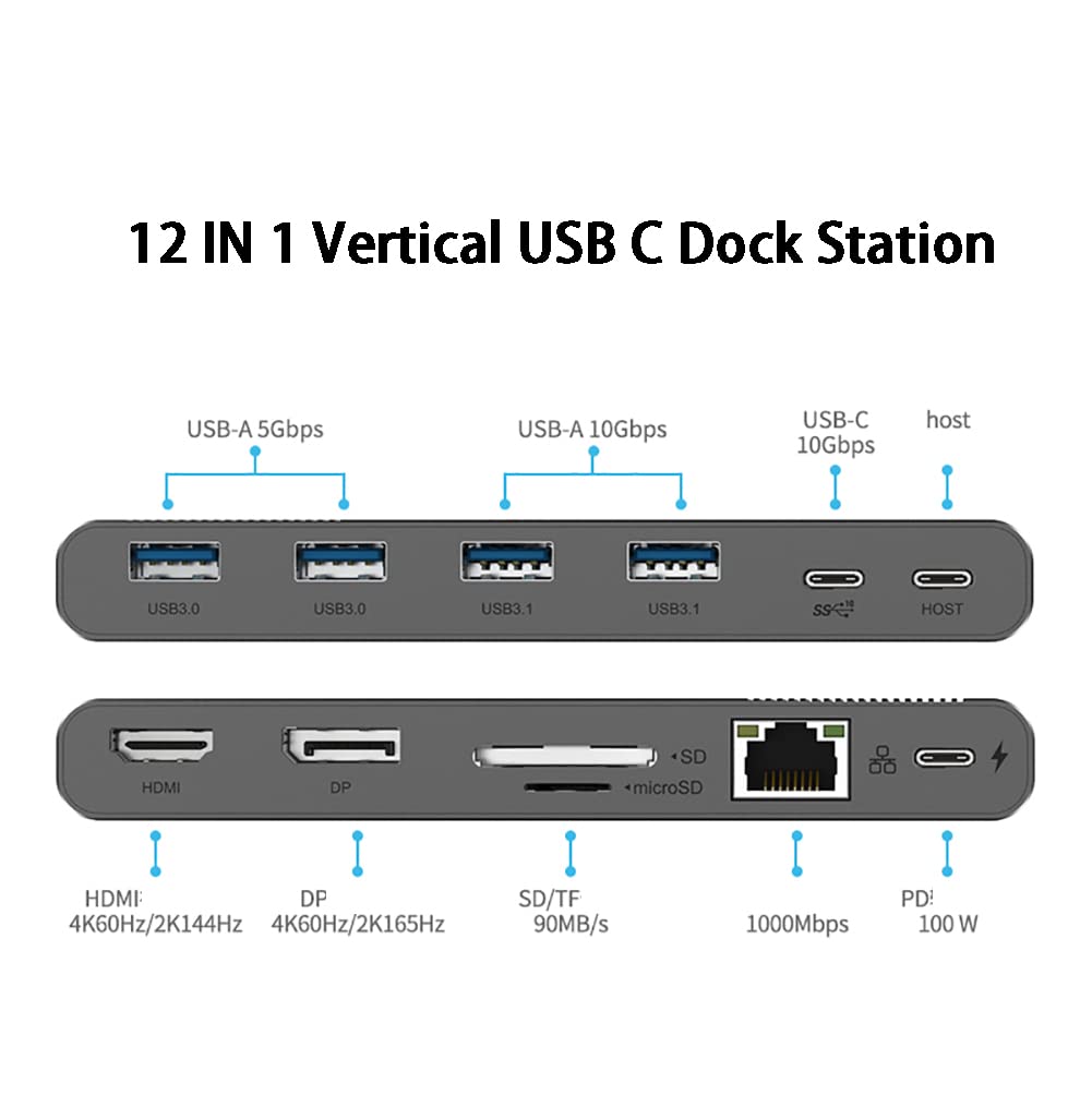 Vertical USB C Hub,USB C Laptop Docking Station,12 in 1 Type C Adapter Compatible for MacBook and Windows(HDMI DP PD USB 3.1/3.0 SD TF Card Reader )