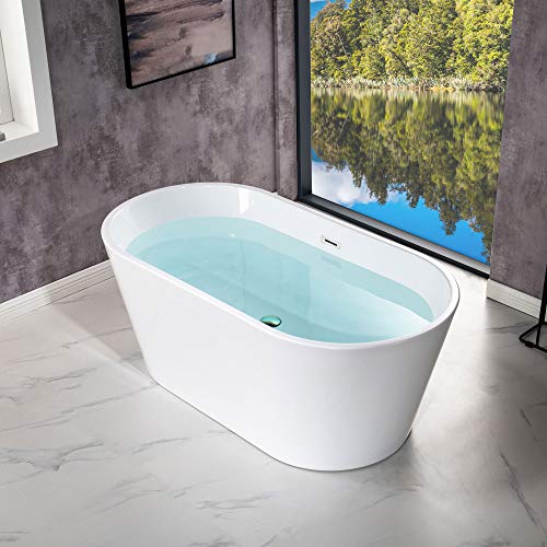 WOODBRIDGE 59" Acrylic Freestanding Bathtub Contemporary Soaking White Tub with Chrome Overflow and Drain,B0014-CH