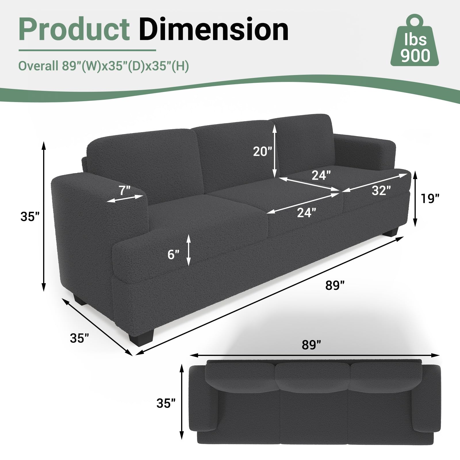 YOUDENOVA Deep Seat Sofa 89", 3 Seater Comfy Modern Sofa, Couches for Living Room, Comfy Sofa, Sleeper Couch, Bouclé, Black