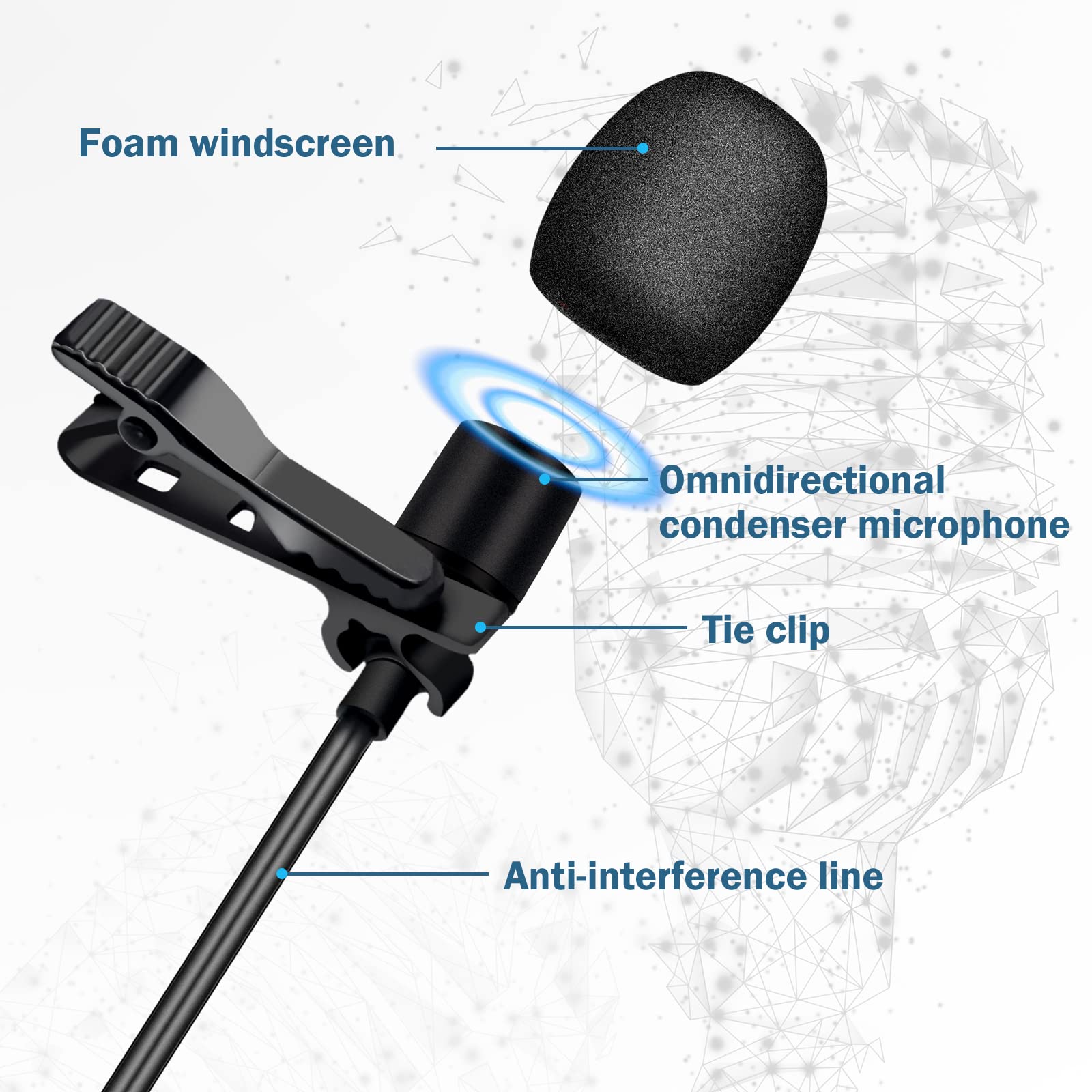 Ryscam Microphone for iPhone Recording, Lavalier Microphone with 2 Wind Muff, Omnidirectional Mini Microphone Condenser for Vlogging, Video Recording, YouTube Interview ＆ Online Teaching- 10ft