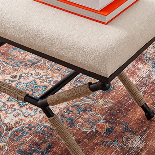 Linon Anna Campaign Accent Bench Black Metal Legs with Rope Detail in Cream