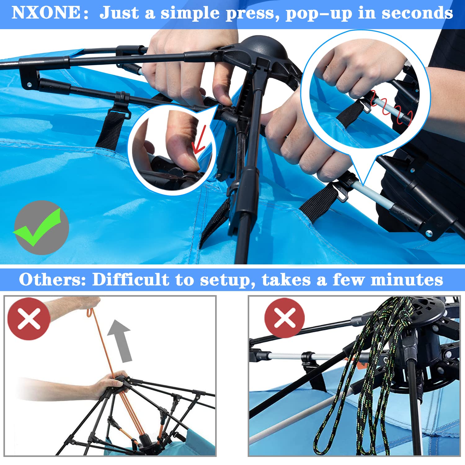 NXONE XL Pop Up Beach Tent, Deluxe Sun Shade Shelter for 4 Person, UPF 50+ Protection, Windproof Beach Shade, Extendable Floor with 3 Ventilating Windows Plus Carrying Bag, Stakes and Guy Lines