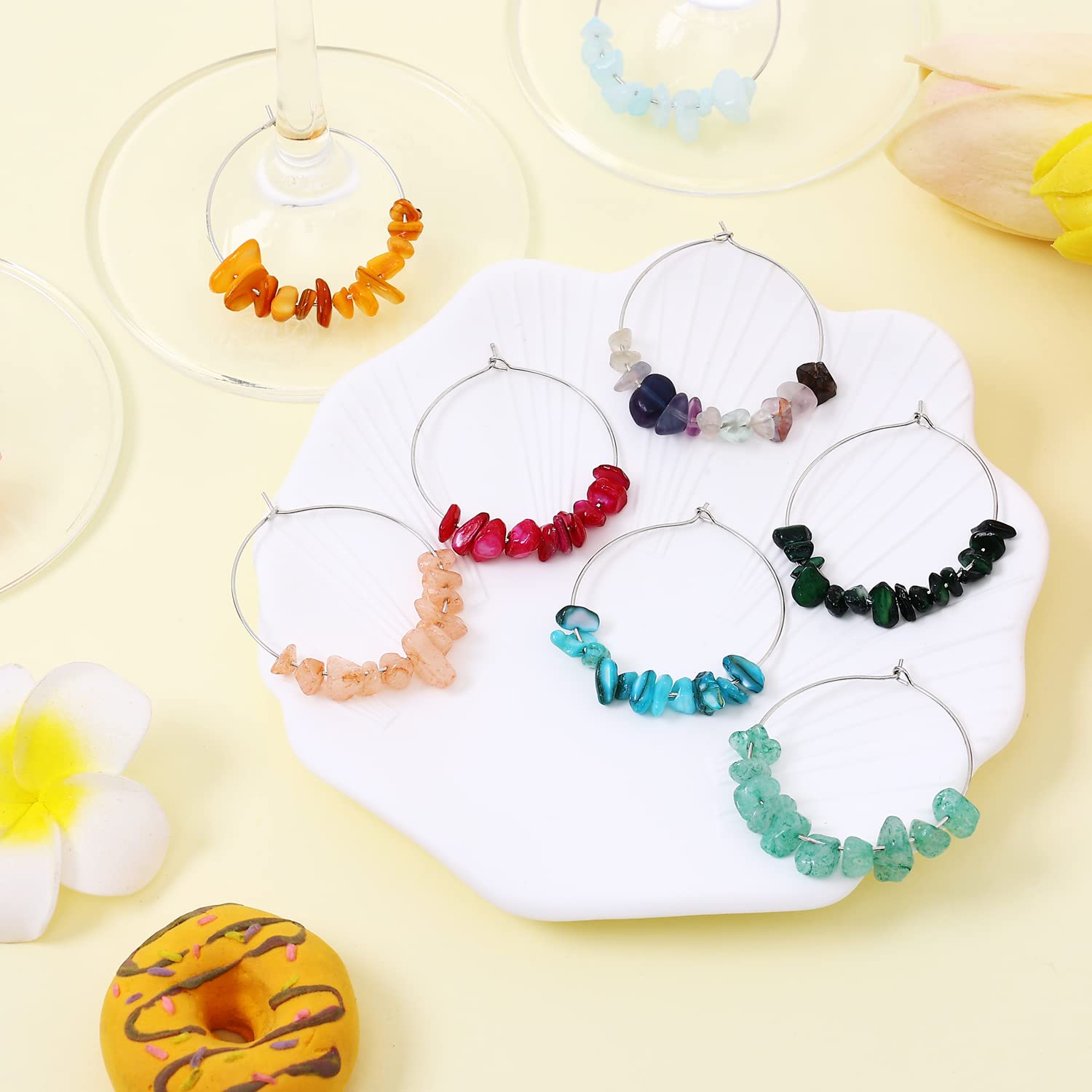 Pride & par 24 Pcs Nature Gemstone Beads Wine Charms for Glasses,Wine Glass Markers,Drink Markers for Stem Glasses,Wine Glass Decoration for Weddings,Parties