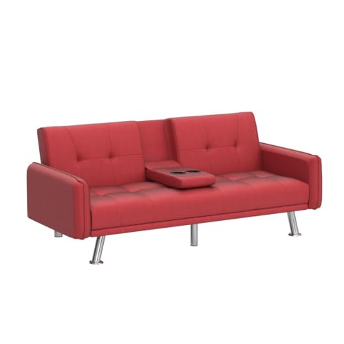 Lamerge Futon Sofa Bed,Convertible Upholstered Folding Sofa,Multi-Functional Sofa Couch for Compact Small Space,Apartment,Dorm,2 Cup Holders,72.4",Red (LFSB-R)