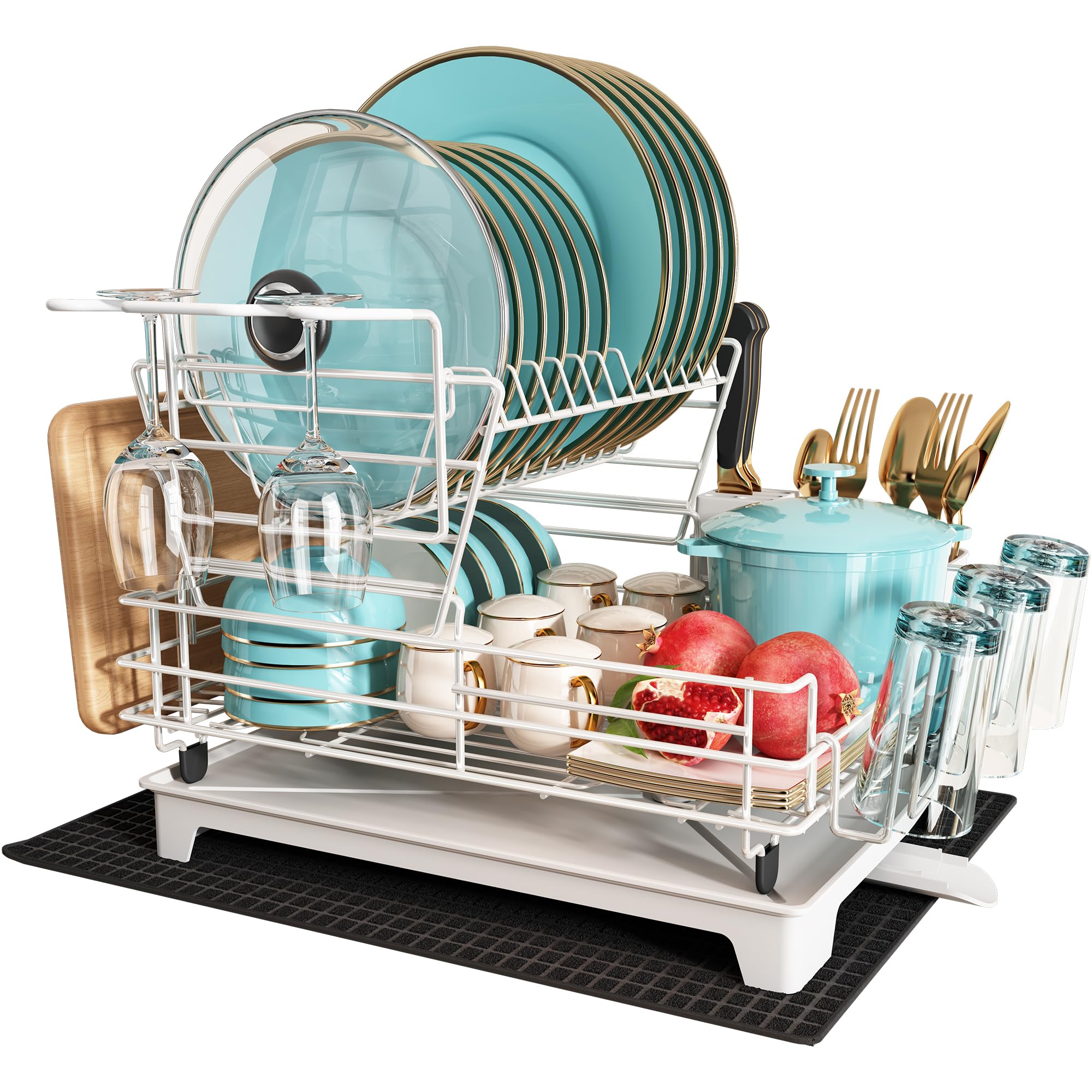 MAJALiS White Dish Drying Rack with Drainboard Set, Two Tier Large Dish Drainers with Drainage, Stainless Steel Dish Dryer Rack for Sink and Counter
