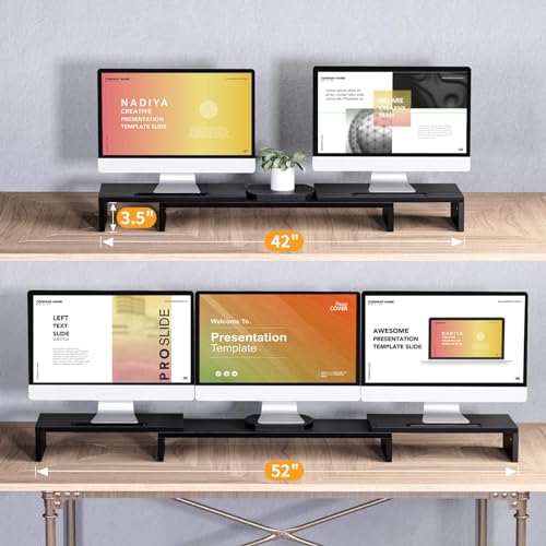 LORYERGO Triple Monitor Stand, 52 Inch Long Large Monitor Riser with 2 Slots for Phone & Tablet, Length and Angle Adjustable Computer Stand, Desktop Stand for Computer, Screen, Tablet, Printer