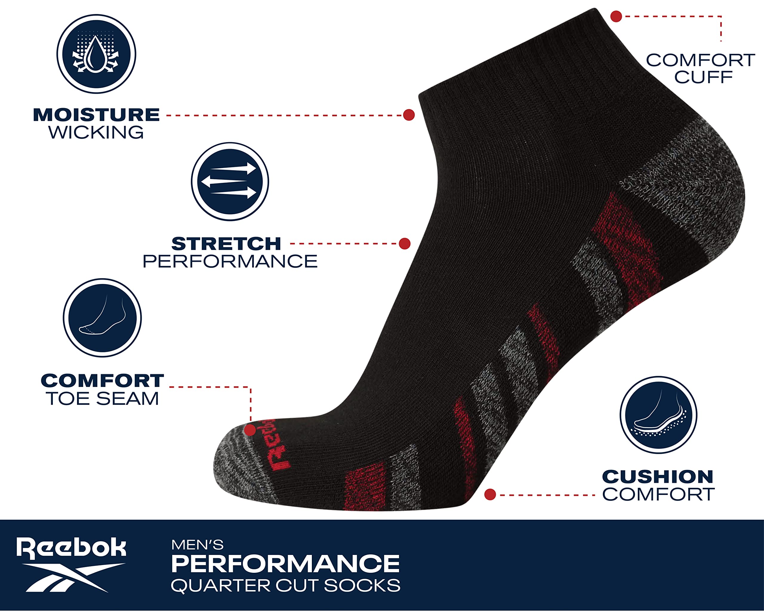 Reebok Men's Quarter Socks - 12 Pack Soft Performance Quarter Socks for Men - Breathable Men's Athletic Socks (Size 6-12.5), Size 6-12.5, Black Logo Multi