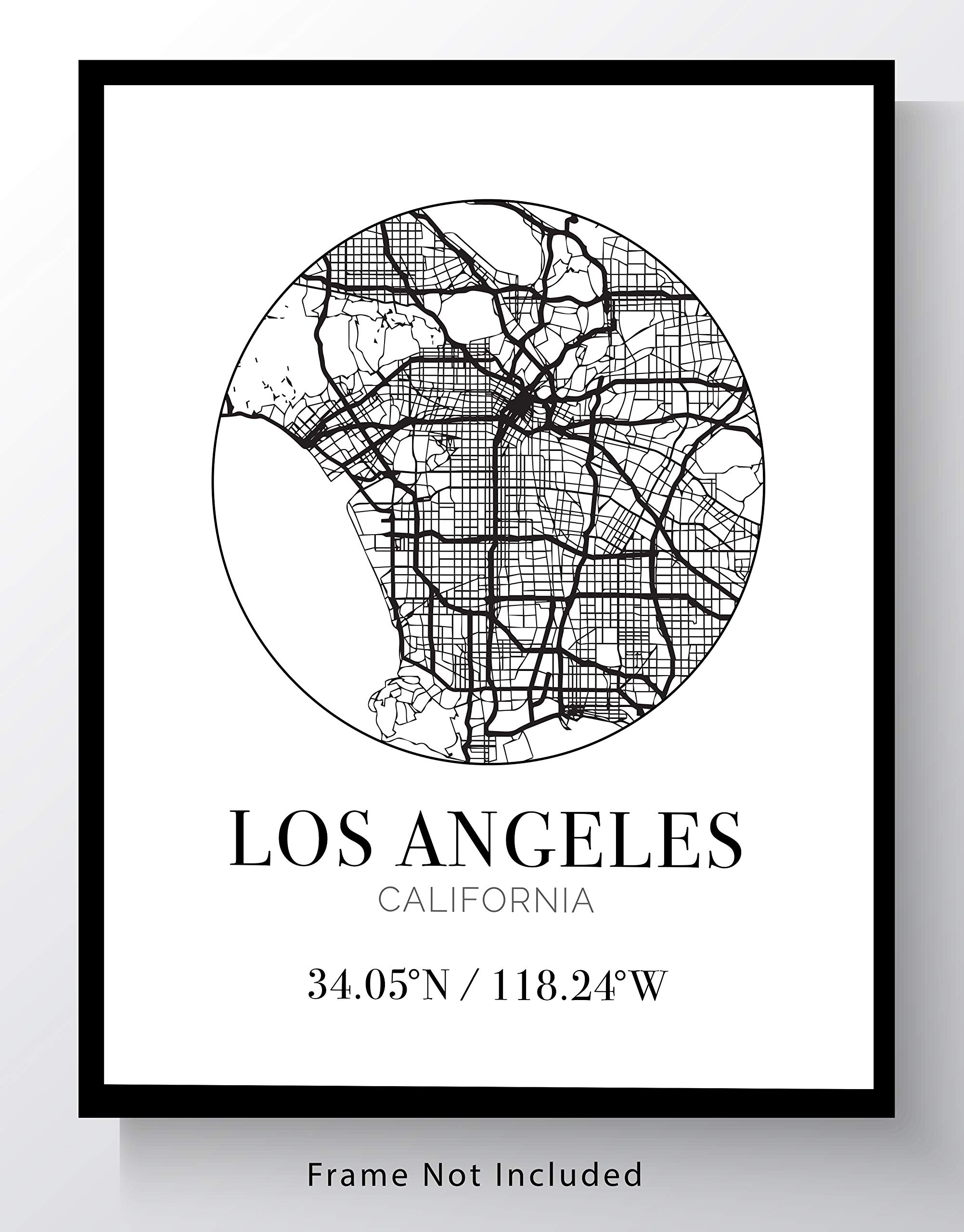 Los Angeles CA City Street Map Wall Art - 11x14 UNFRAMED Modern Abstract Black & White Aerial View Decor Print with Coordinates. Makes a great LA California-Themed Gift.