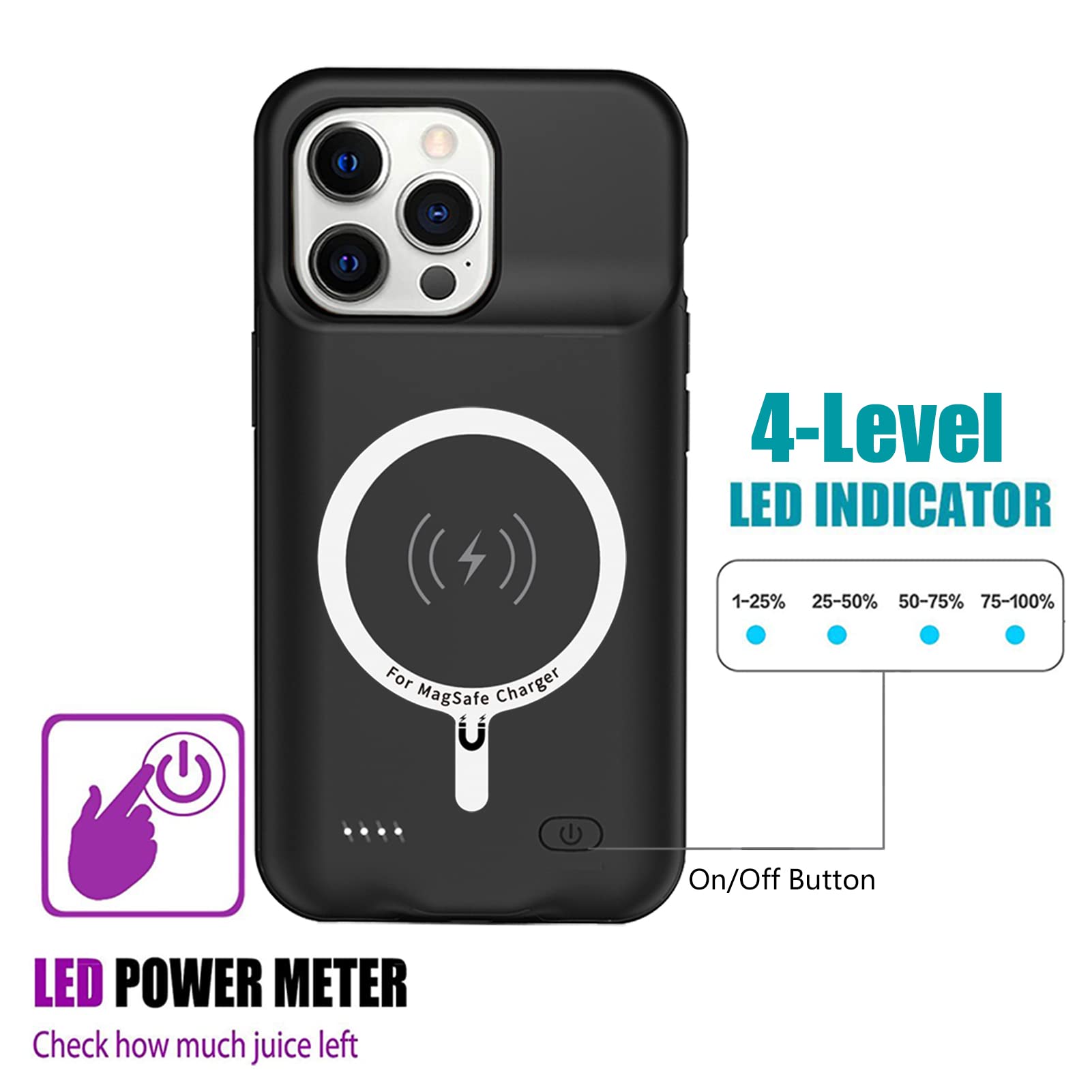 UNLOU Battery Case for iPhone 13 Pro Max, 10800mAh Portable Charger with Wireless Charging, 6.7" CarPlay-Compatible, Black
