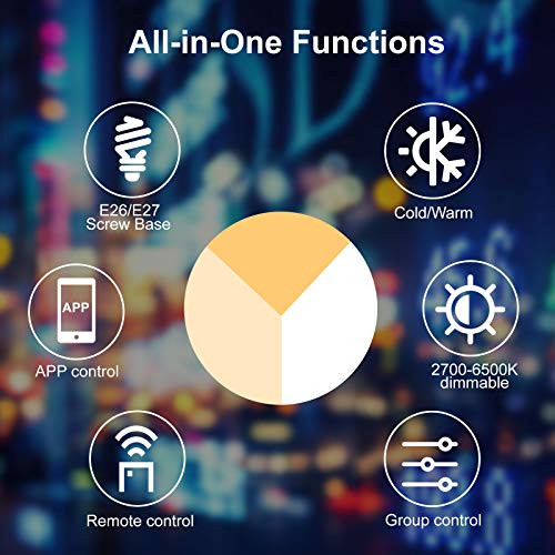 LVJING Smart Light Bulb 14W (60W Halogen Bulbs Equivalent) E26 LED Bulb with APP and Remote Control, Warm-Cold White Dimmable (2700K-6000K) Light Bulb for Party Home Decoration