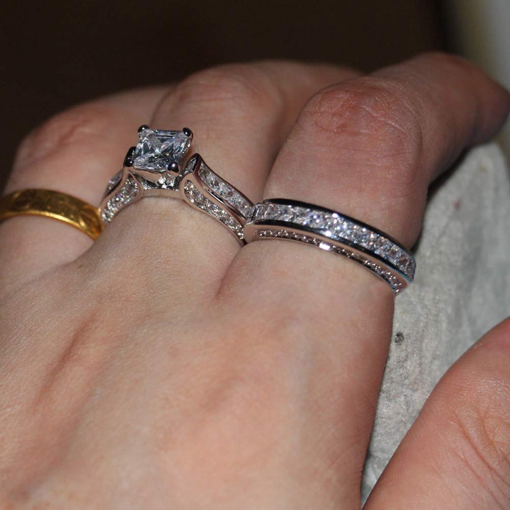 Luxury and Shining 2-in-1 Womens Vintage White Diamond Silver Engagement Wedding Band Ring Set