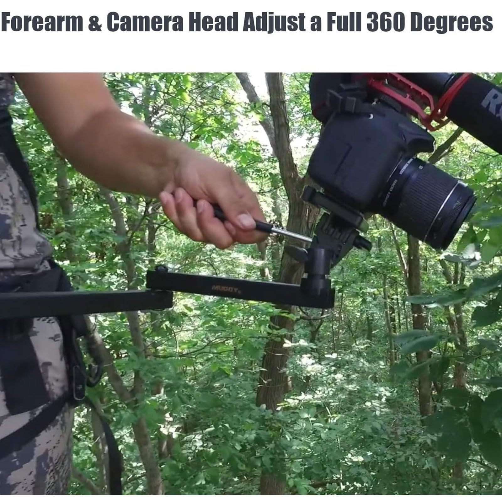 MUDDY Basic Durable Adjustable Lightweight Portable Easy-to-Install Silent Hunting Outdoor Camera Arm Camera Head Adjust a Full 360 Degrees + Extension Arm Swings 180 Degrees