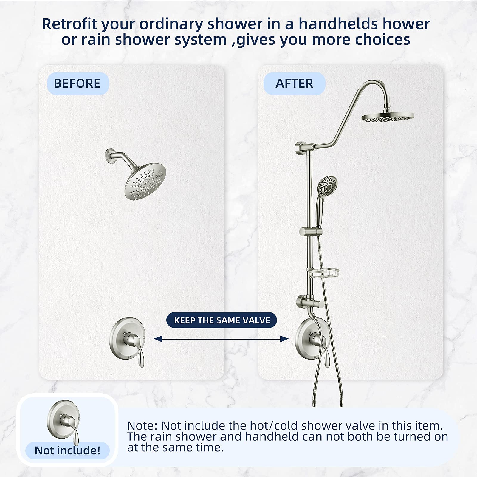 Shower System with 8" Rain Shower Head, 5-Function Shower Head with Handheld, Adjustable Slide Bar, 59" Stainless Steel Hose, Brushed Nickel