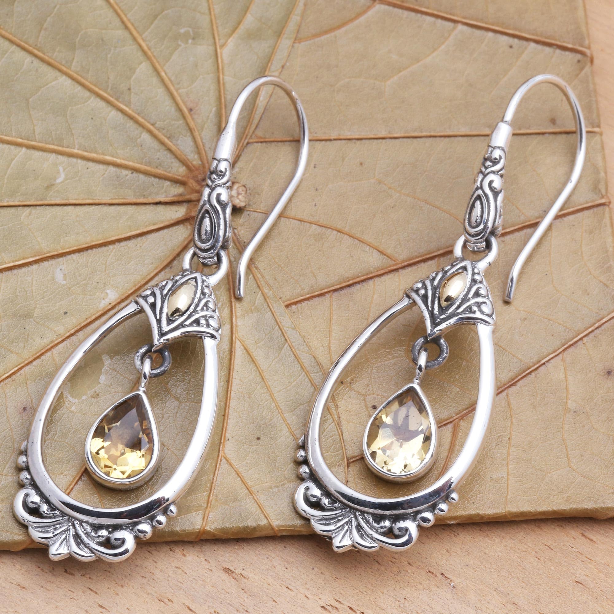 NOVICA Artisan Handmade Goldaccented Citrine Dangle Earrings with 18k Sterling Silver Indonesia Birthstone Gemstone [2 in L x 0.6 in W x 0.1 in D] ' Victoriana'
