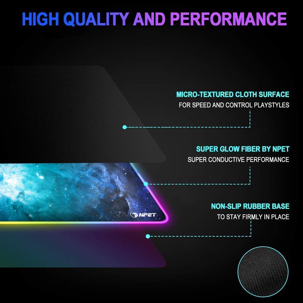 NPET Gaming Keyboard and RGB Gaming Mouse Pad Bundle, Wired Floating Rainbow Keyboard, 31.5 X 11.8 Inch 12 Lighting Modes, Touch Control, Durable Stitched Edges LED Mouse Pad