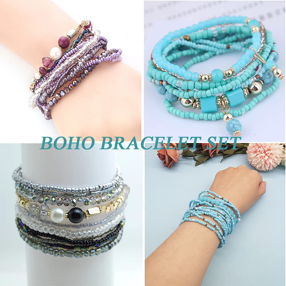 MOZAKA 9 Sets Bohemian Stackable Multilayer Bracelets for Women Stretch Elastic Multicolor Beaded Bracelets Jewelry Set