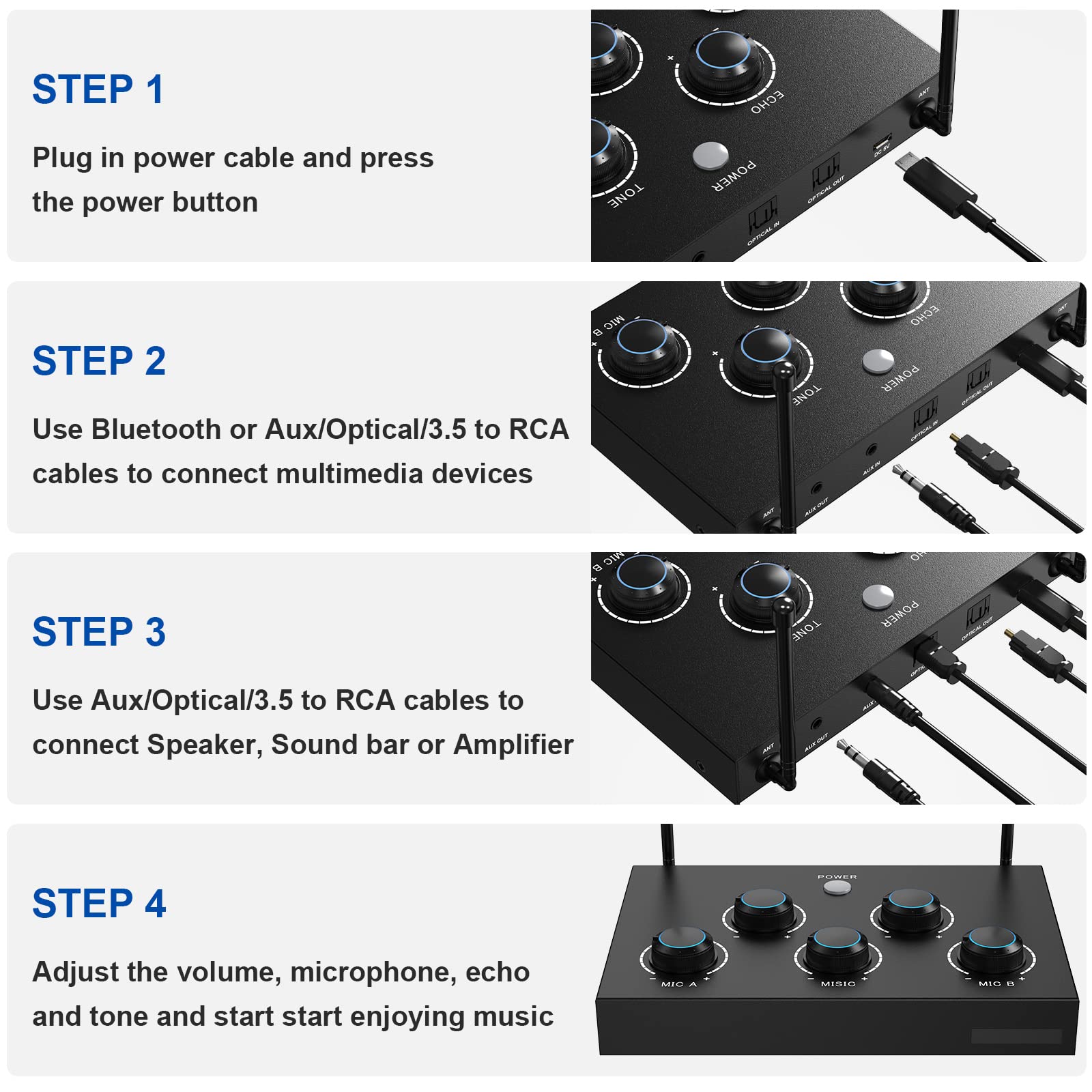 Rybozen Wireless Microphone Karaoke Mixer System, Dual UHF Cordless Mic Handheld Karaoke Microphone for PC, TV, Speaker, Amplifier, Party, Meeting, DJ, Wedding, Supports AUX Optical in/Out