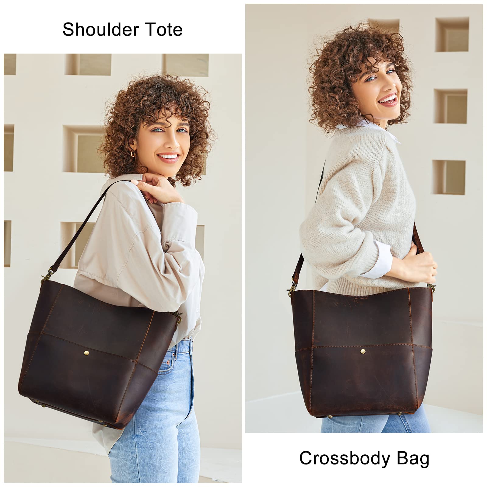 S-ZONE Women Genuine Leather Tote Bag Shoulder Handbag Bundle with Crossbody Bucket Purse
