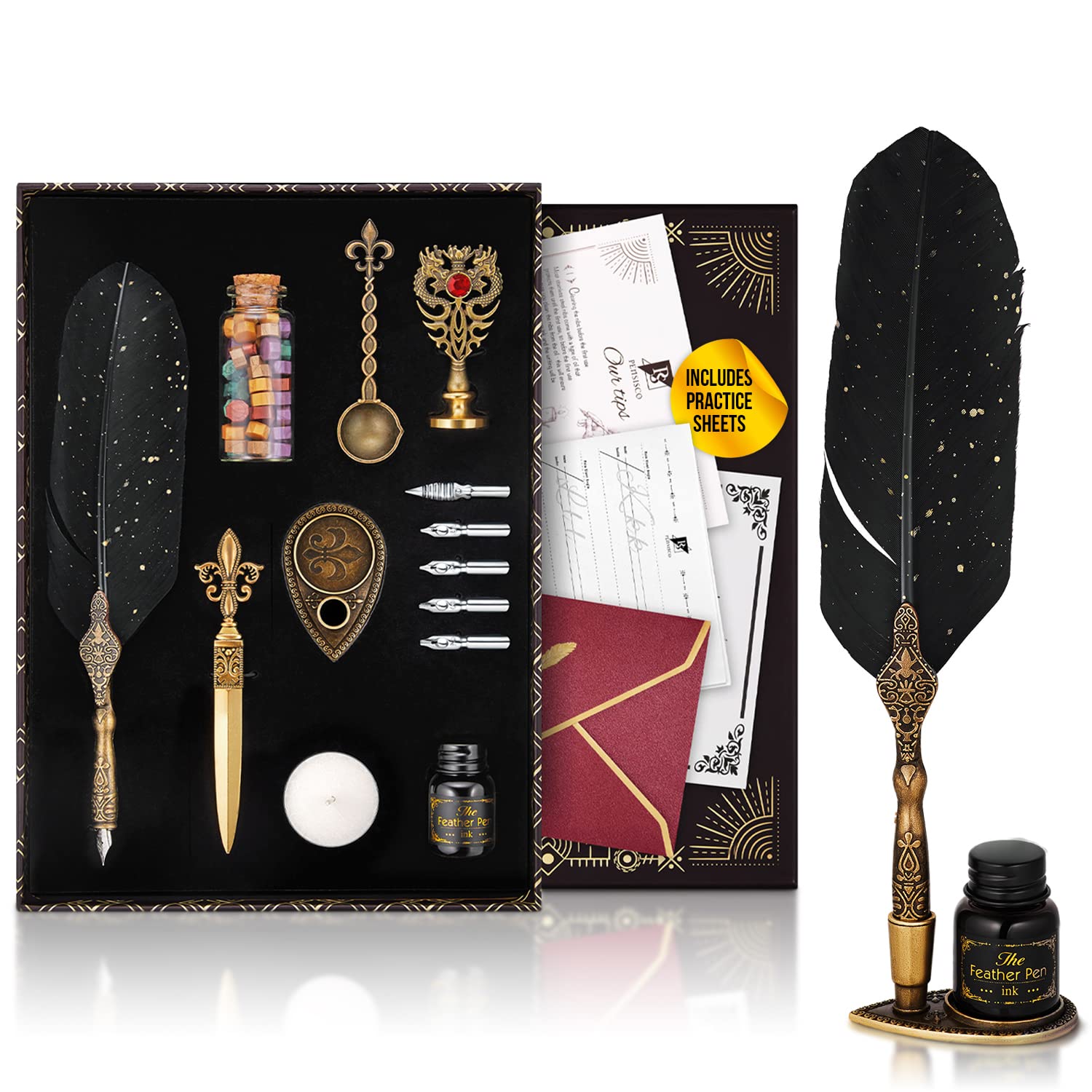 PENSISCO Quill Pen and Ink Set - Feather Pen Kit With Fine Ink Pen,18-in-One Vintage, Complete Calligraphy Set for Beginners & Enthusiasts, Includes Practice Sheets That Will Make You a Pro (Red)
