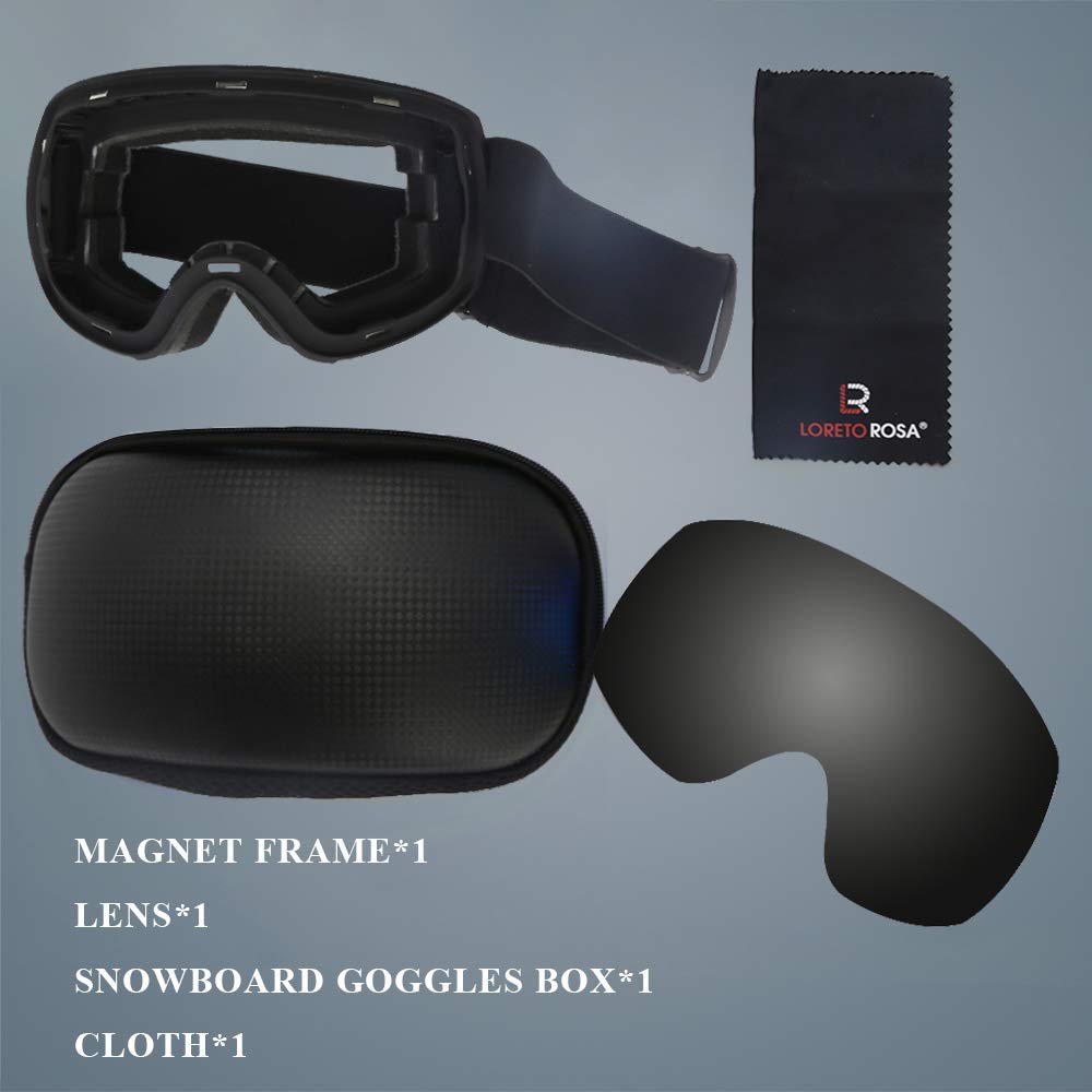 LR Ski Goggles Snowboard Goggle Over Glasses with Anti-Fog Spherical Dual Interchangable Lens for Men Women UV400 3002 (Black/Classic Grey)