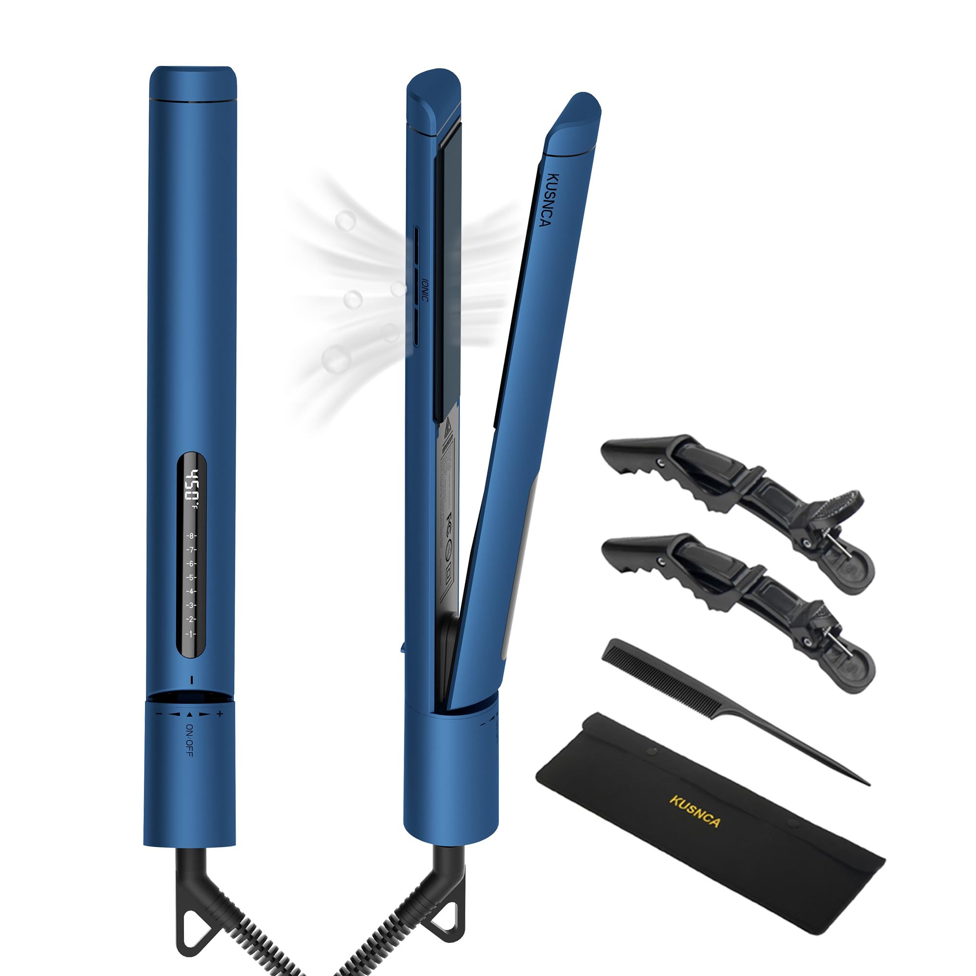 KUSNCA Professional Titanium Flat Iron, Hair Straightener and Curler Iron 2 in 1, Negative Ion Straightening, Dual Voltage Travel Pack, Front Anti-Scald Function, LCD 230°F-450°F, 1 Inch (Gold)