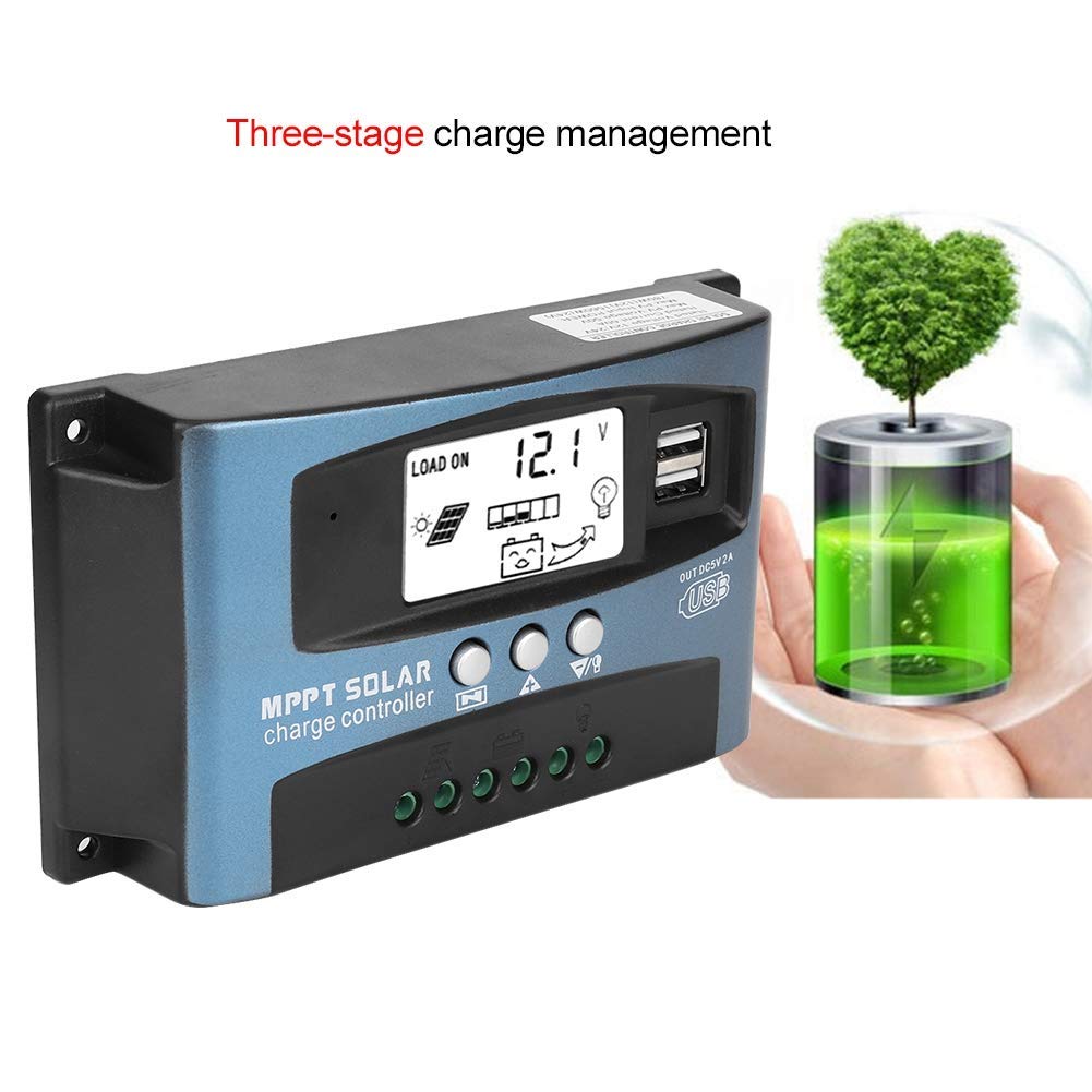 SHYEKYO Solar Charge Controller, 12V/24V MPPT Solar Charge Controller with LCD Real Time Display Solar Panel Intelligent Regulator for Storage Batteries and Loads Work(50A)