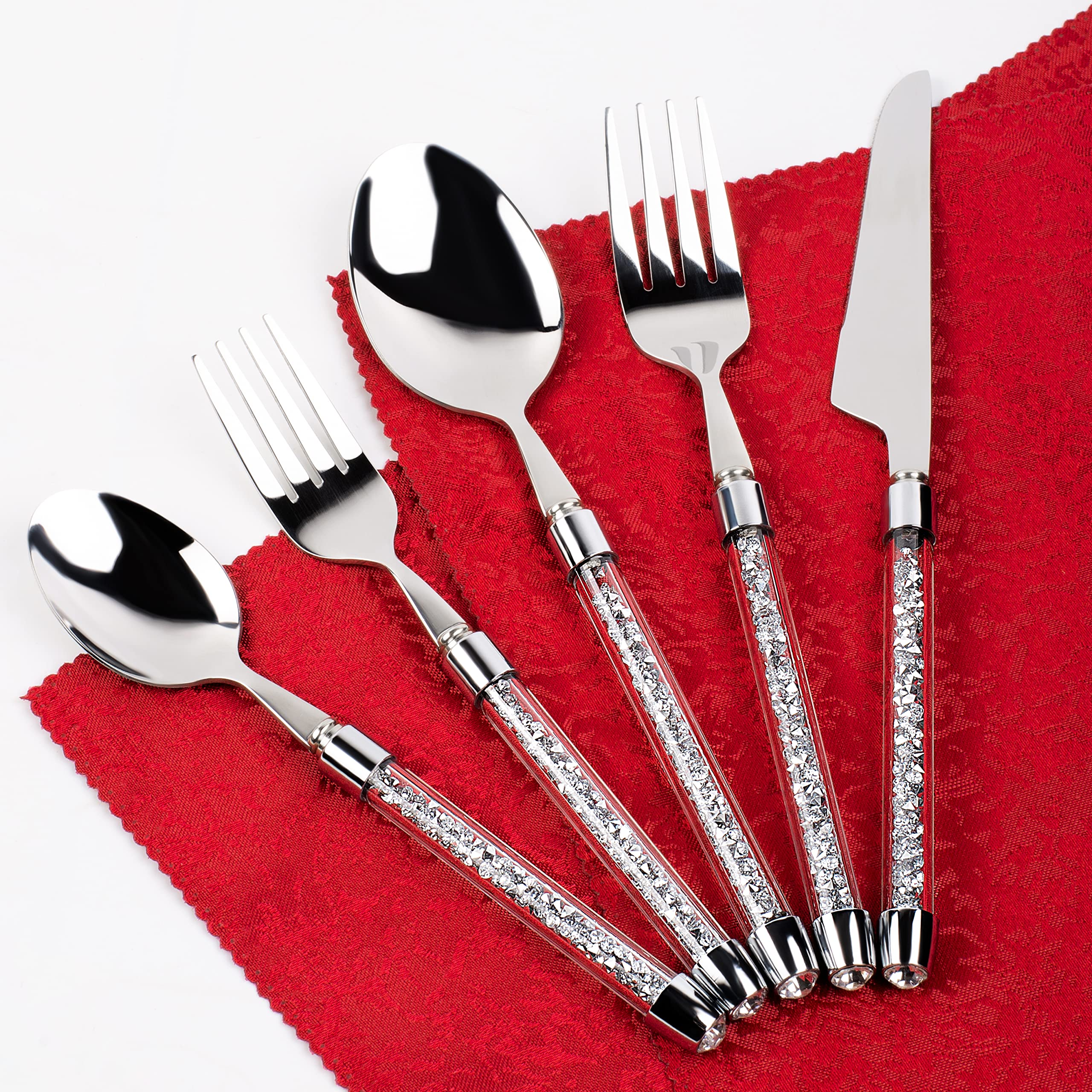 SHYFOY 5 Piece Modern Bling Silverware Set, 18 8 Stainless Steel Flatware, Mirror-Polished Luxury Cutlery, Crushed Diamond Dinner Service, Fork Knife Spoon, Teaspoon/Salad Fork Dishwasher Safe