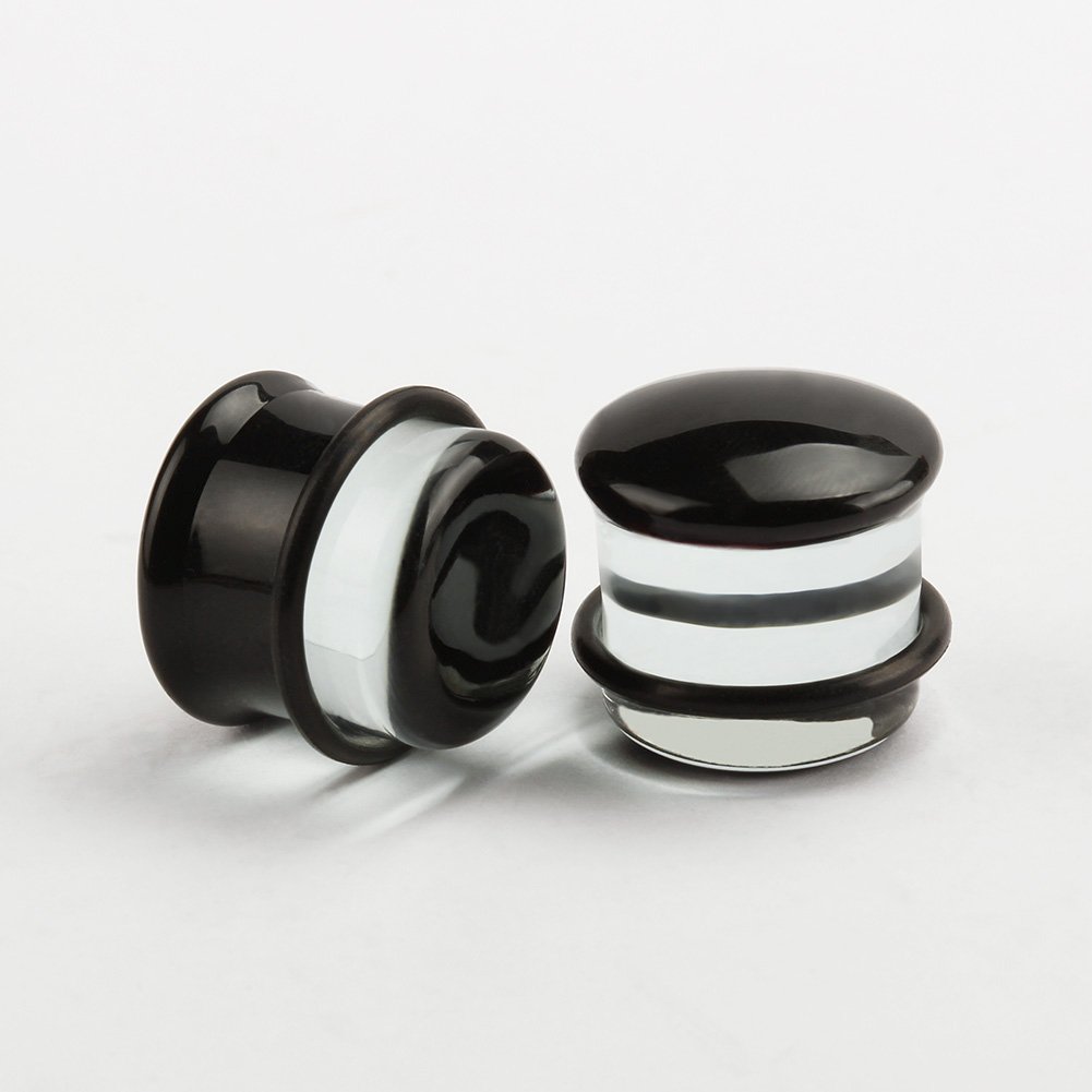 KUBOOZ(1 Pair Black-surface Glass O-Ring Ear Plugs Tunnels Gauges Stretcher Piercings