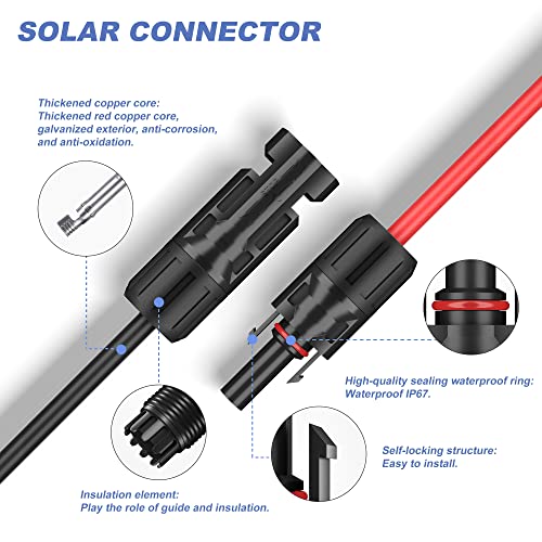 SUNSUL 5 Feet 10AWG(6mm²) Solar Panel Wire, 10 Gauge 5FT Black & 5FT Red Tinned Copper Extension Cable Kits with Female and Male Connector for RV Home Boat and Any Other Off-Grid Applications