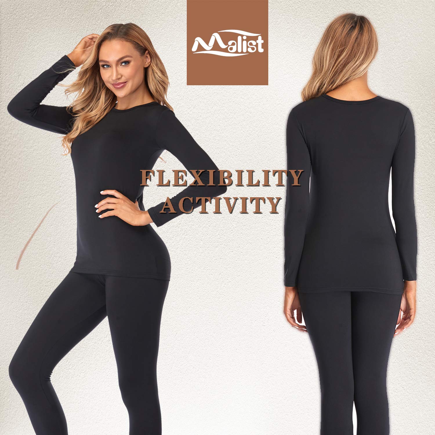 Malist Women's Thermal Underwear Ultra Soft Long Johns Top with Fleece Lined Set Black Small