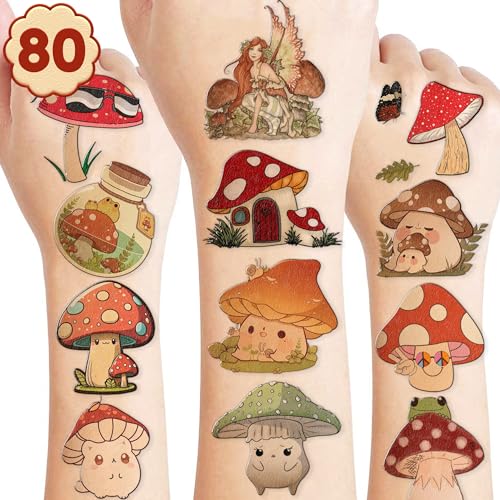 Mushroom Temporary Tattoos Sticker for Kids Birthday Party Supplies Decorations Party Favors 80PCS Tattoo Frog Autumn Super Cute Fall Themed Cute Kids Boys Girls Gifts Ideal School Prizes Reward.