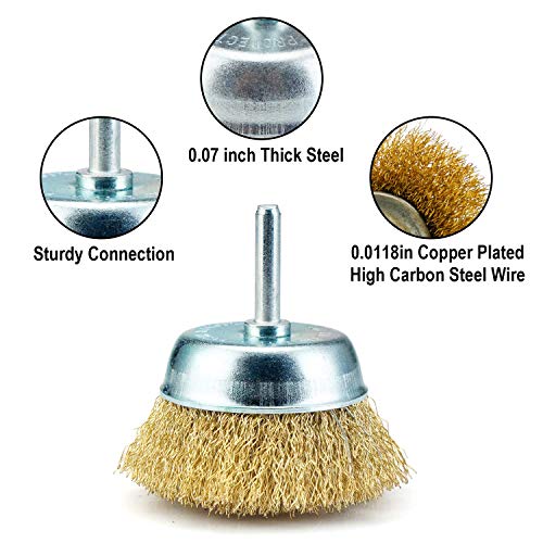 TILAX Wire Brush Wheel Cup Brush Set 7 Piece, Wire Brush for Drill 1/4 Inch Arbor 0.0118 Inch Coarse Brass Coated Crimped Wire Wheel for Used to Clean Rust, Flakes and Abrasives Drill Attachment