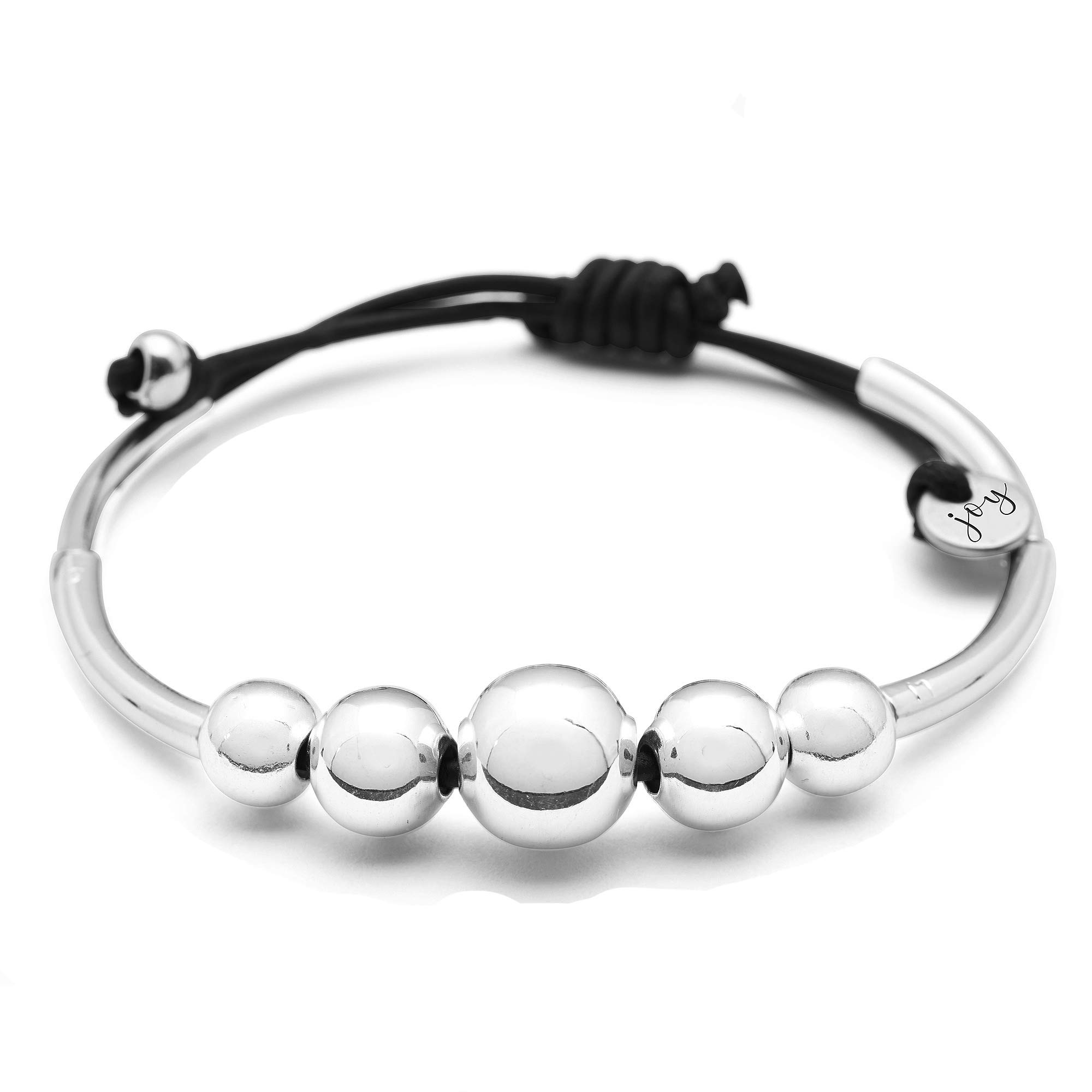 Lizzy James Wisdom Adjustable Black Leather Bracelet with Silver Plated Beads