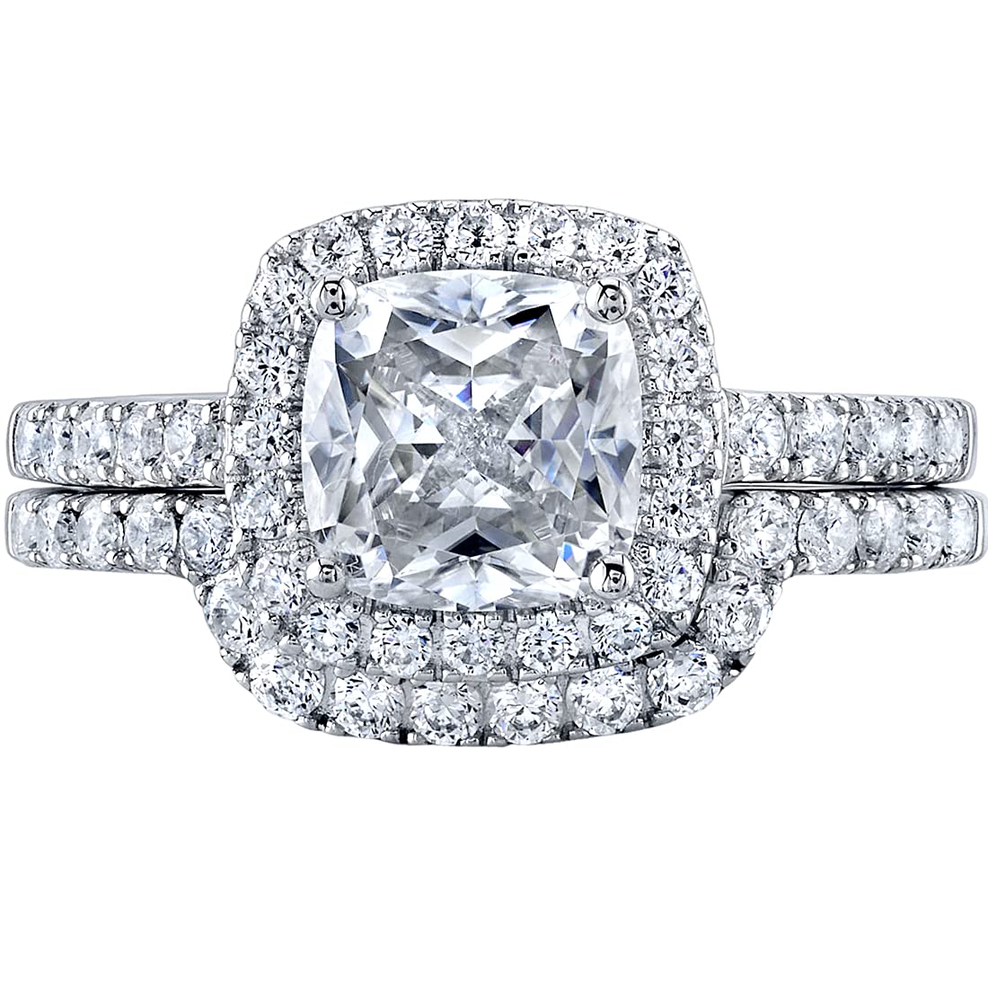 PEORA Moissanite Cushion Cut Halo Engagement Ring and Wedding Band Bridal Set in Sterling Silver, 2 Carat Center, DE Color, VVS Clarity, Size 10