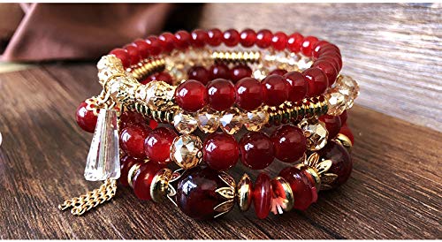 sophiii Natural Carnelian Bead Crystal Bracelet Multilayer Gemstone Bracelet Set For Women 4 Pieces Red E