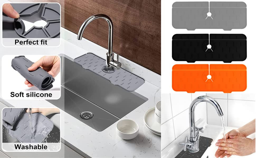 Sink Splash Guard for Kitchen, Silicone Faucet Splash Catcher, Faucet Drip Catcher, Faucet Mat for Kitchen Sink, Drip Guard for Sink (Black)