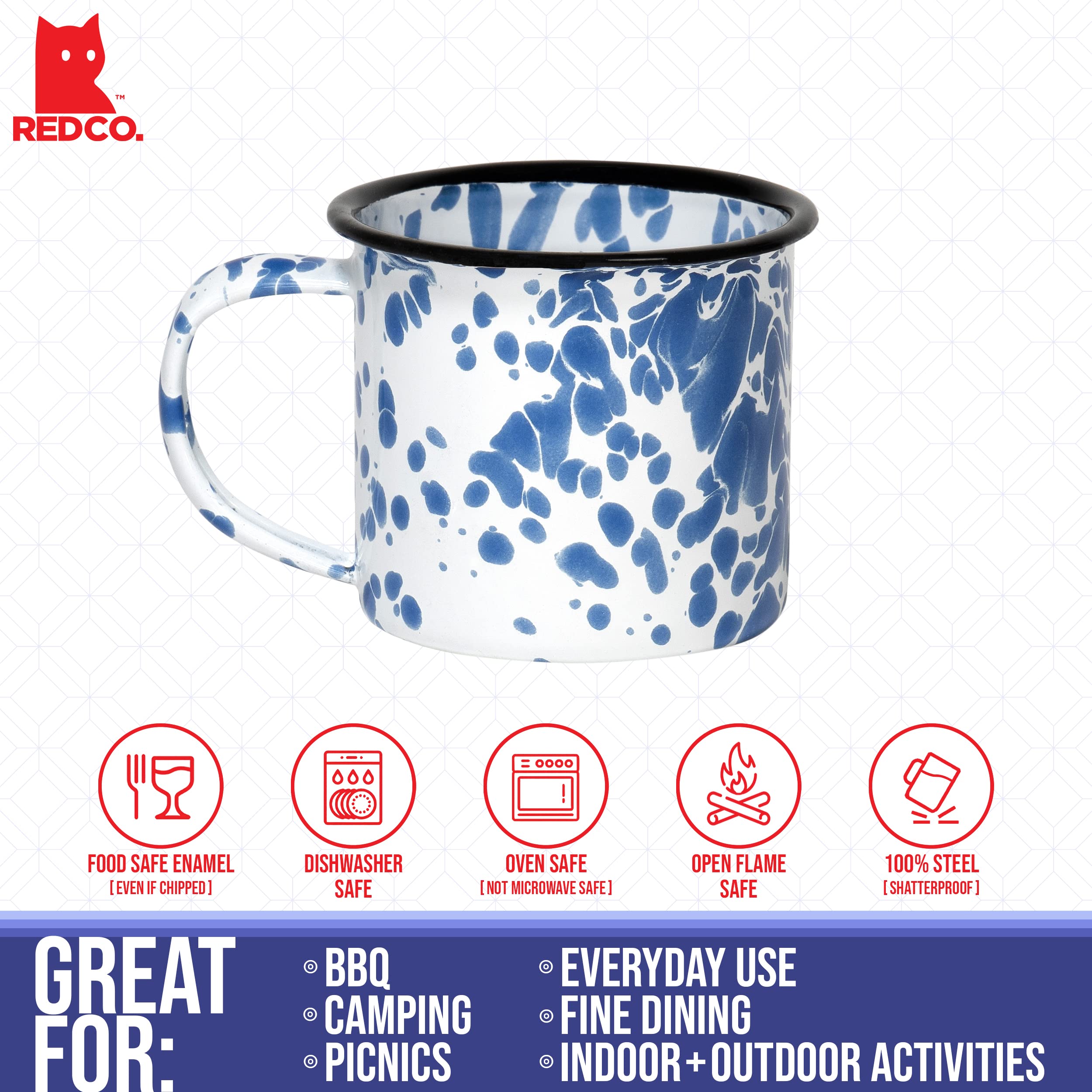 Red Co. Set of 6 Enamelware Metal Small Classic 5 Oz Round Coffee and Tea Mug with Handle, Navy Blue Marble/Black Rim – Splatter Design