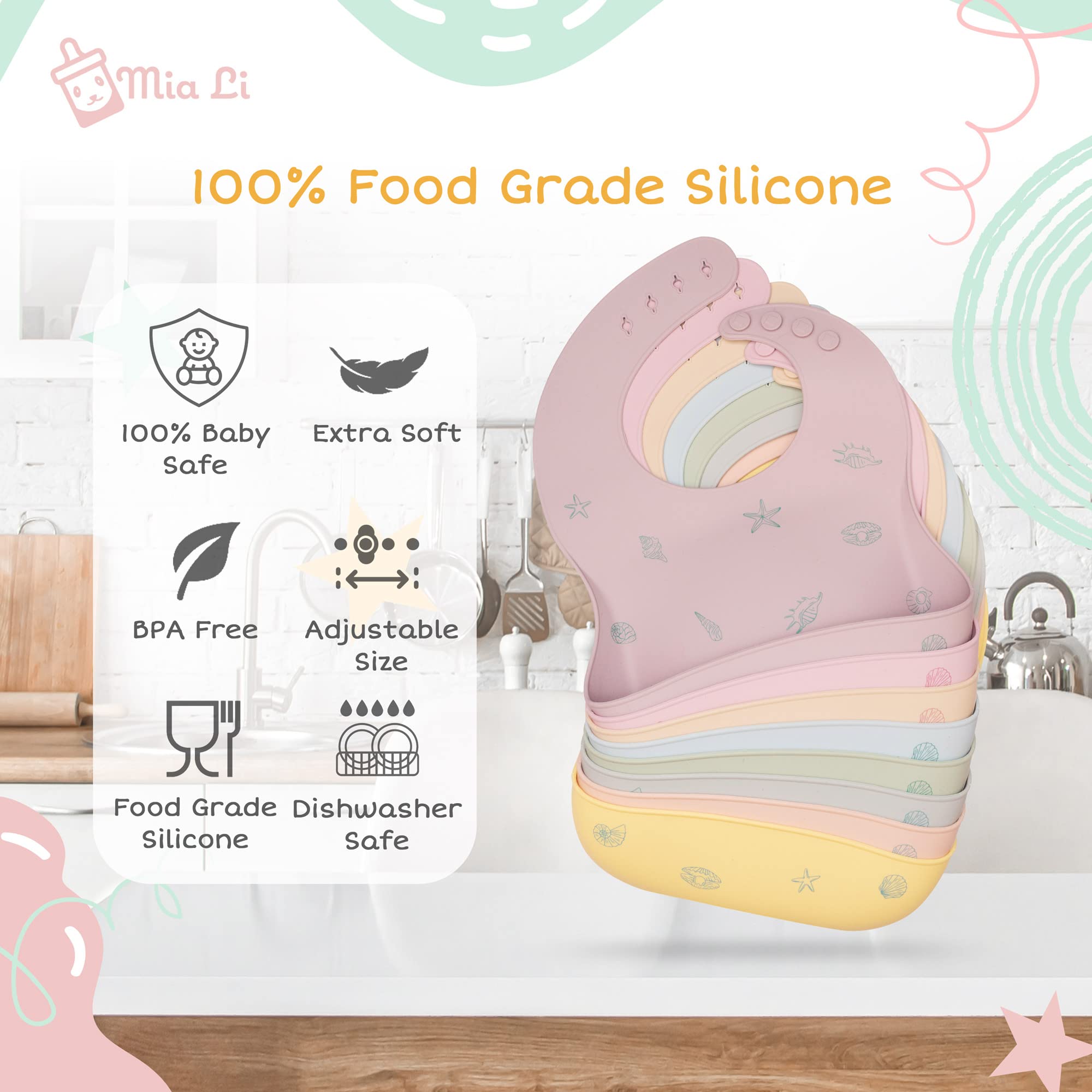 Mia Li Silicone Bibs – 3pcs Waterproof Silicone Bib Set – Silicone Baby Bibs for Girls and Boys - Baby Bib Pocket with Adjustable Closure – Non-Messy Toddler Bib (Seashells - Cloud, Sage & Stone)