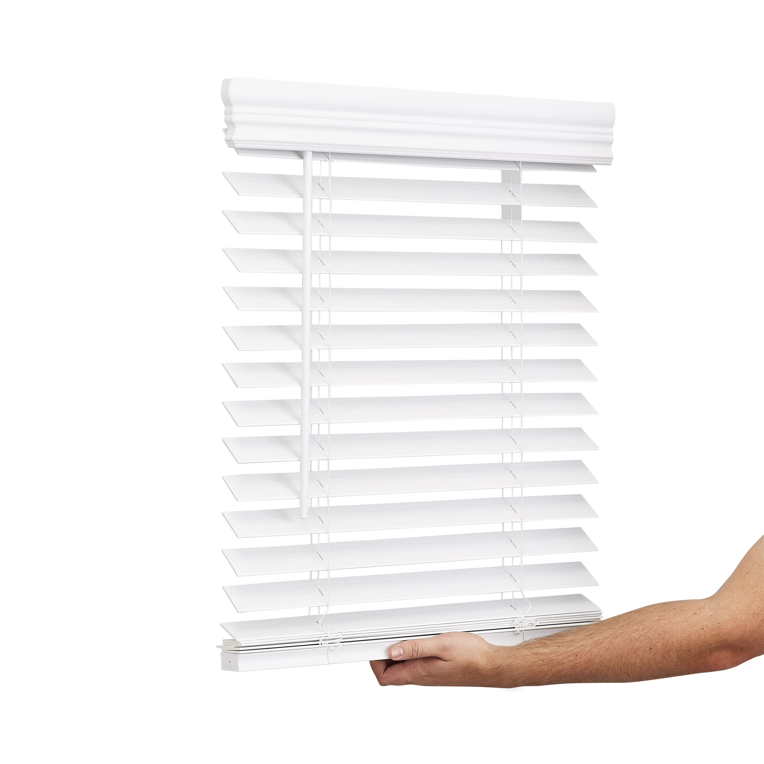 Lotus & Windoware Cordless, 2 Inch Faux Wood Room Darkening Blind, 34" Wide x 60" Long, Embossed, Bright White