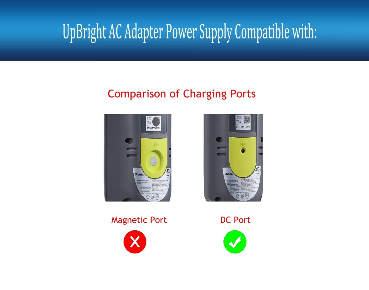 UpBright 13.3V AC/DC Adapter Compatible with Shark VM252 T6 VM252T6 VM252C QM252 VM250 VM252 26 VM252P10 10.8V DC Li-ion Battery VACMOP Pro Cordless Hard Floor Vacuum Mop Power Supply Charger w/Barrel
