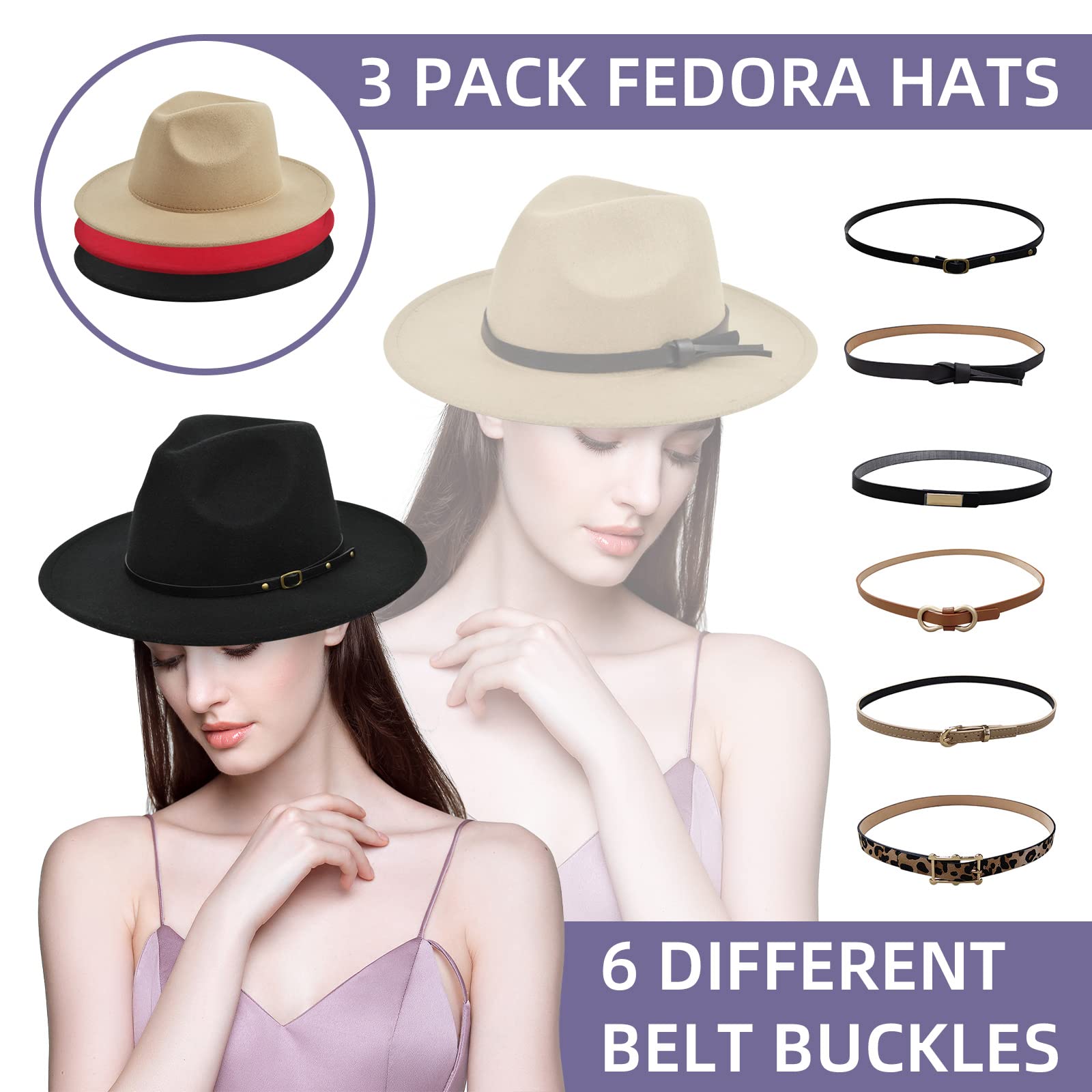ReFeltidolom Fedora Hats for Men & Women, 3 Pack Classic Wide Brim Fedora Hat with 6 Belt Buckles