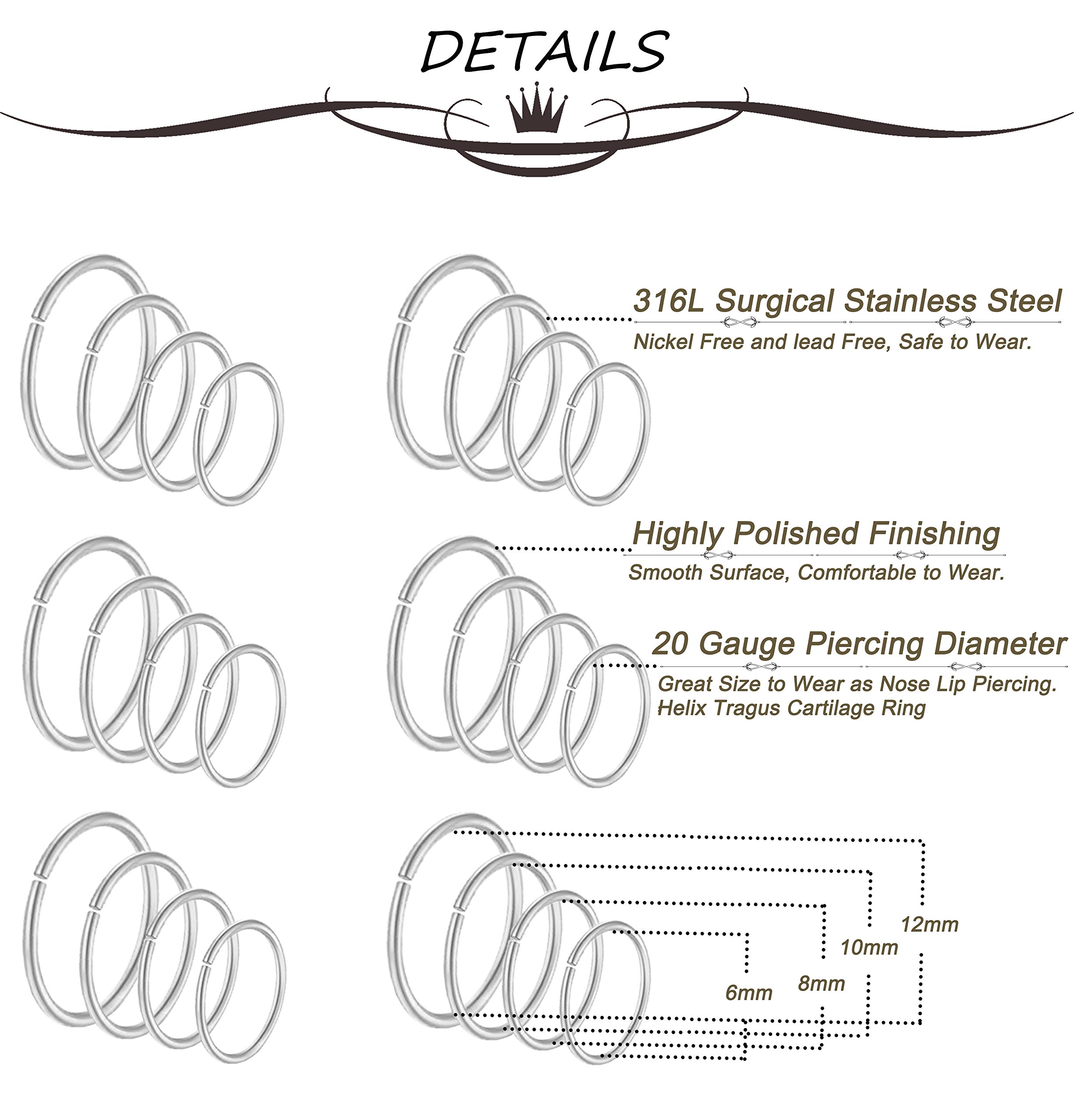 Masedy 24Pcs 20G 316L Stainless Steel Nose Rings Hoop Tragus Cartilage Helix Piercing Lip Septum Ring Silver Bendable