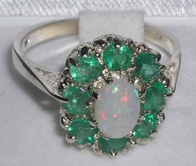 LetsBuyGold 10k White Gold Natural Opal and Emerald Womens Cluster Ring - Size 8.75