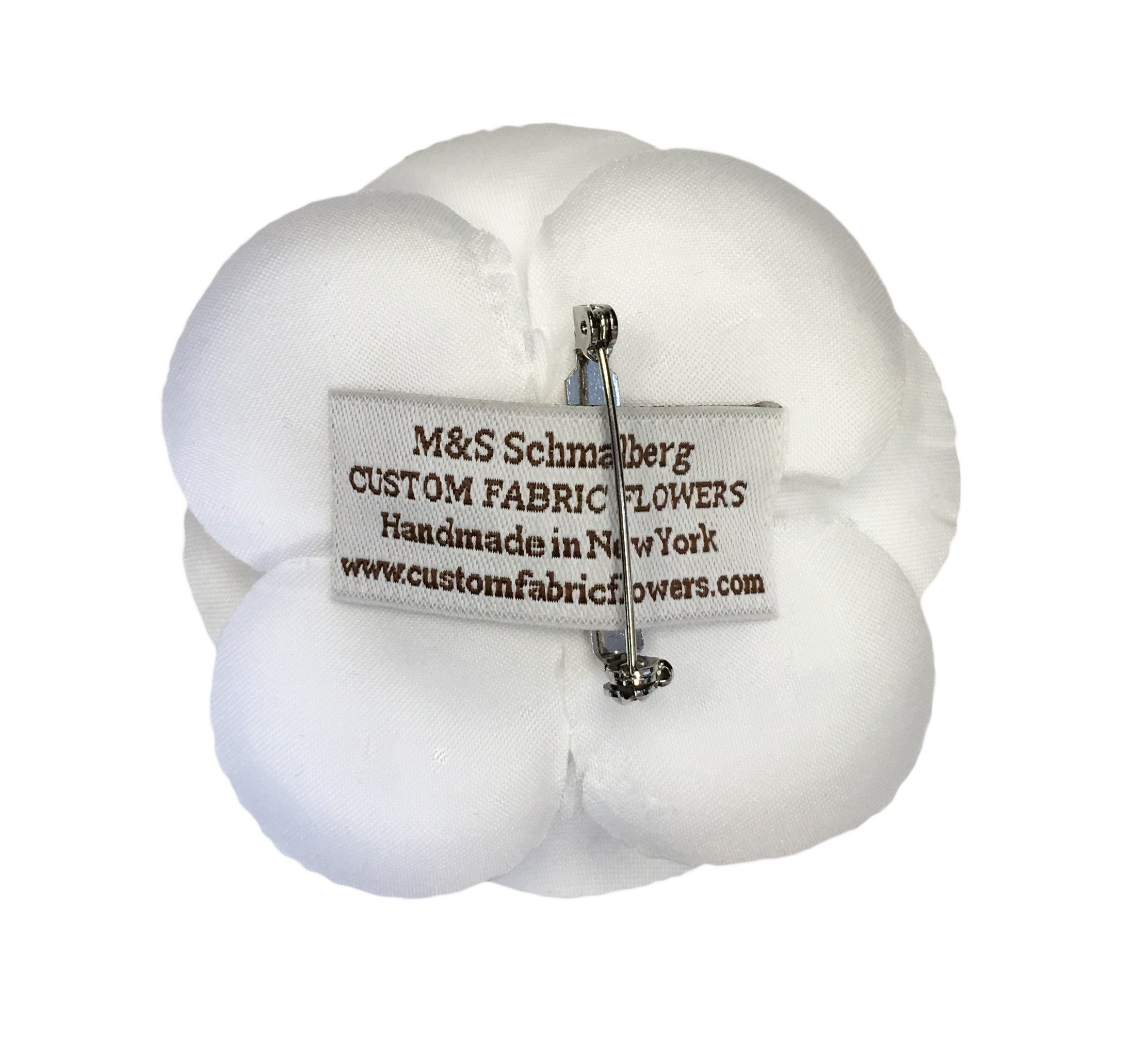 M&S Schmalberg Handmade White Camellia Brooch Pin - Elegant Silk Fabric Flower Accessory, American-Made in New York's Garment Center