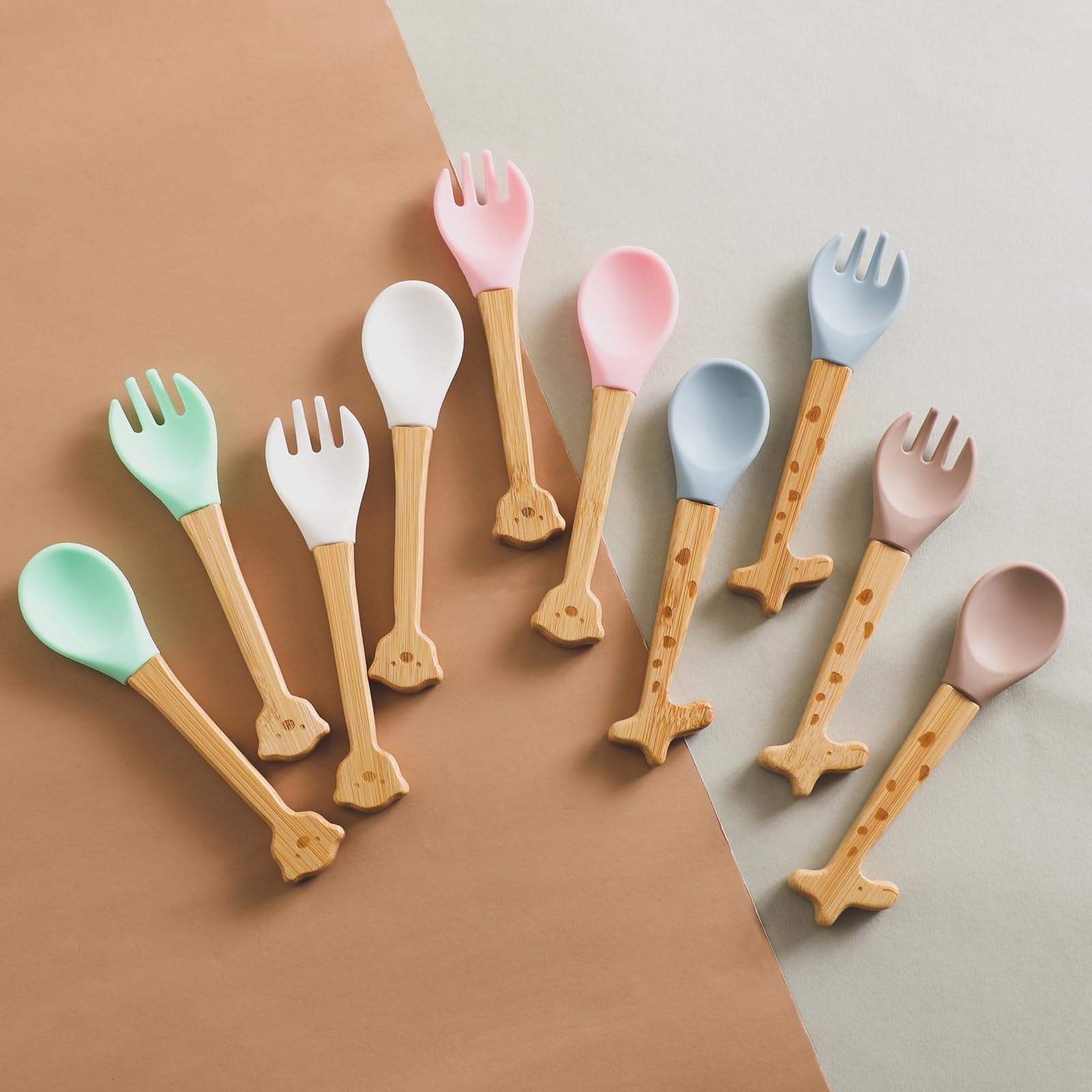 Mamimami Home Baby Feeding Spoon, Bamboo Wood and Silicone Baby Fork and Spoon - Soft Curved Silicone Tip Spoons - Suitable for Baby and Toddlers Forked Spoone (Pink Bear)