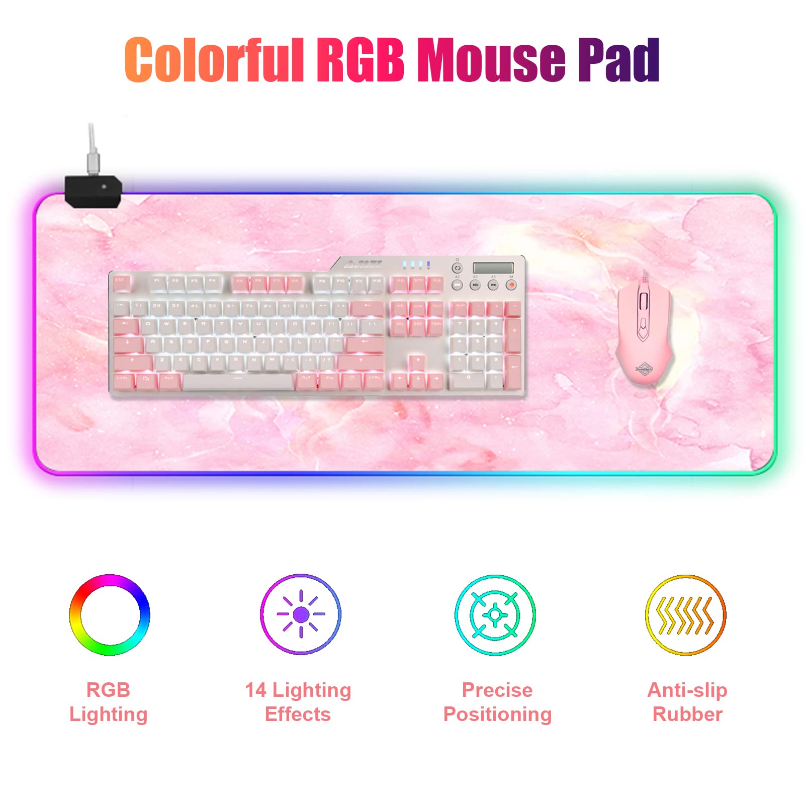 RGB Large Gaming Mouse Pad, Extended Mouse Pad with 14 Lighting Modes, Superior Micro-Weave Cloth, Non-Slip Base, 800 x 300mm / 31.5 × 11.8 in (Pink Marble)